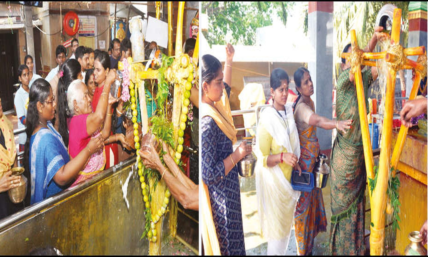 பெரிய மாரியம்மன் கோவிலில் கம்பத்துக்கு புனிதநீர் ஊற்ற குவிந்த பெண்கள் ...