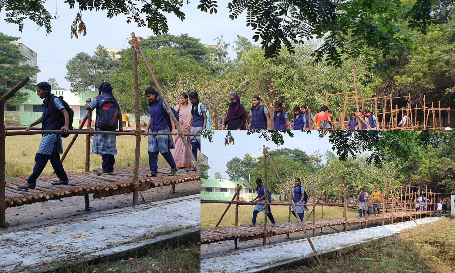 அரசு பெண்கள் பள்ளியில் வெள்ளநீர் வடியாததால் மரப்பாலம் அமைப்பு | Tamil ...